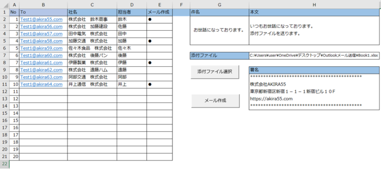 EXCEL VBA メール作成・送信 Outlookで自動メール作成及びメール送信・自動化・一括送信・複数宛先・添付